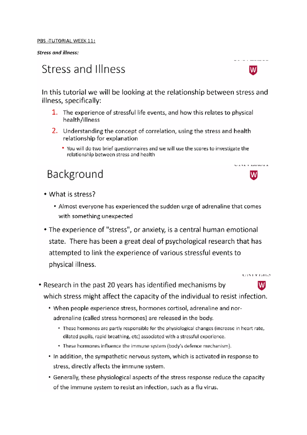 Week 11 Tutorial - PBS -TUTORIAL WEEK 11: Stress and illness: GENERAL ...