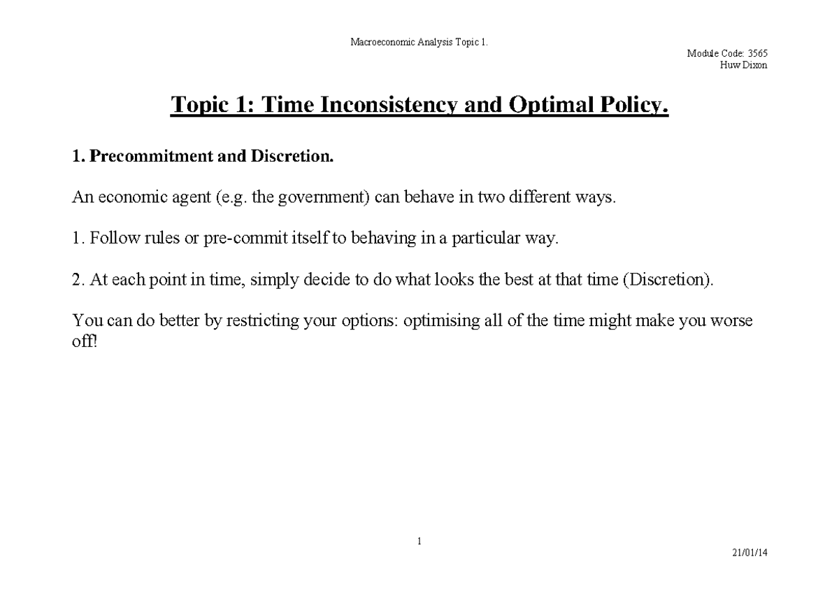 Topic 1 Time Inconsistency and Optimal Policy. - Precommitment and ...