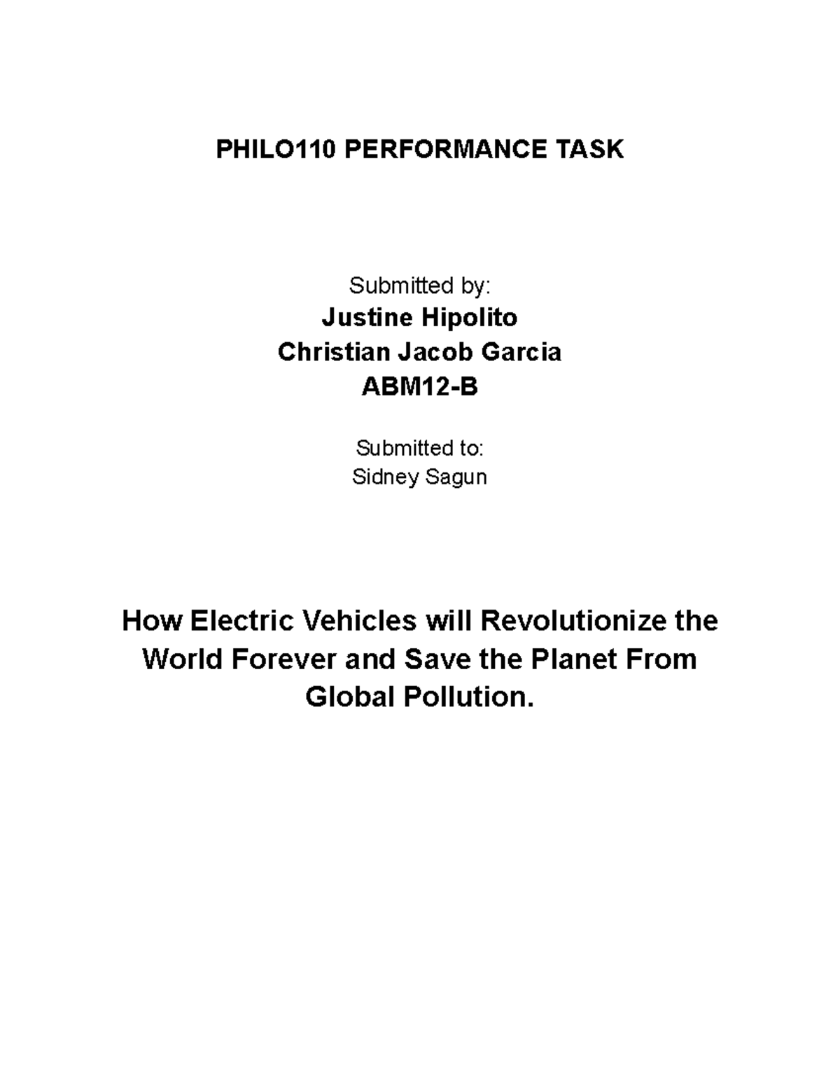 Philo 110 Performance TASK - PHILO110 PERFORMANCE TASK Submitted by ...