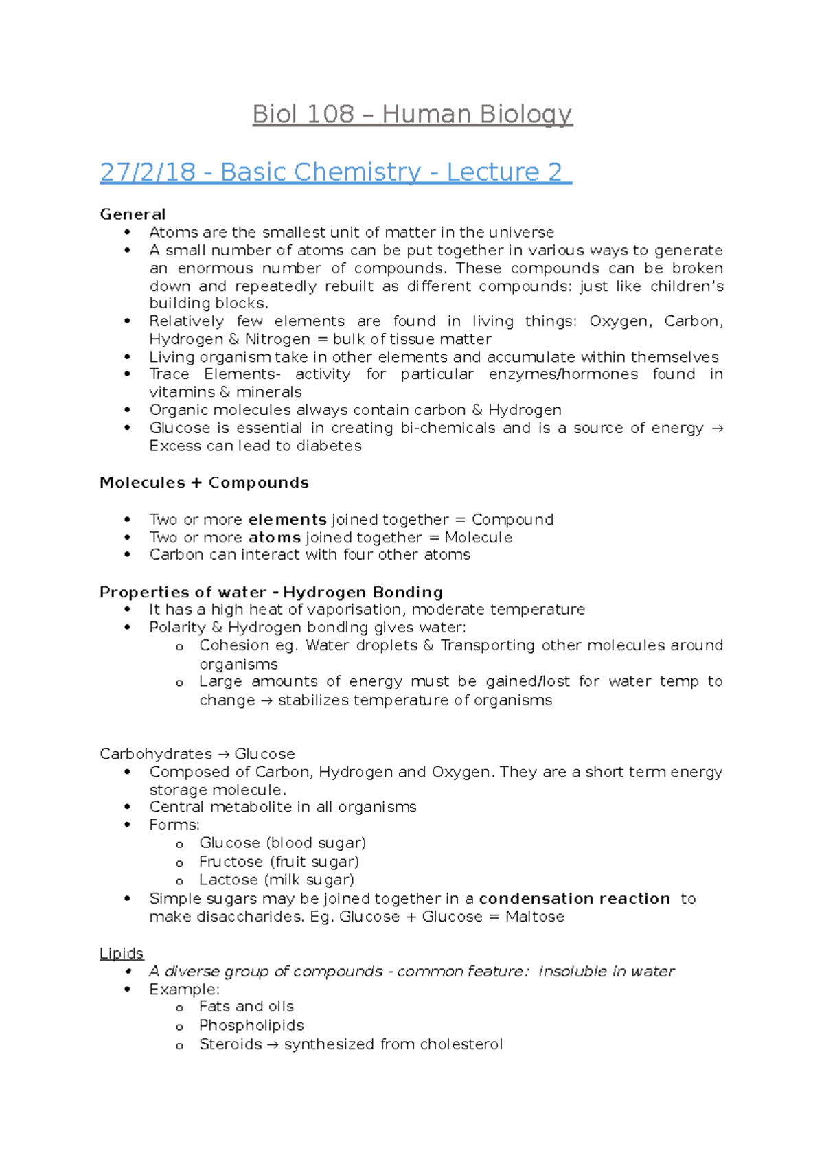 BIOL 108 - Human Biology - Biol 108 – Human Biology 27/2/18 - Basic ...