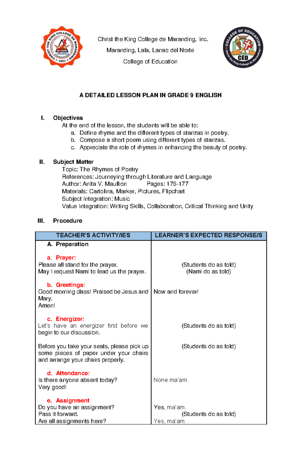 English 28 The Rhyme Scheme Detailed Lesson Plan - Christ the King ...