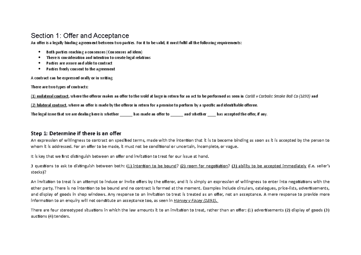 Business law template AY22-23 - Section 1: Offer and Acceptance An ...