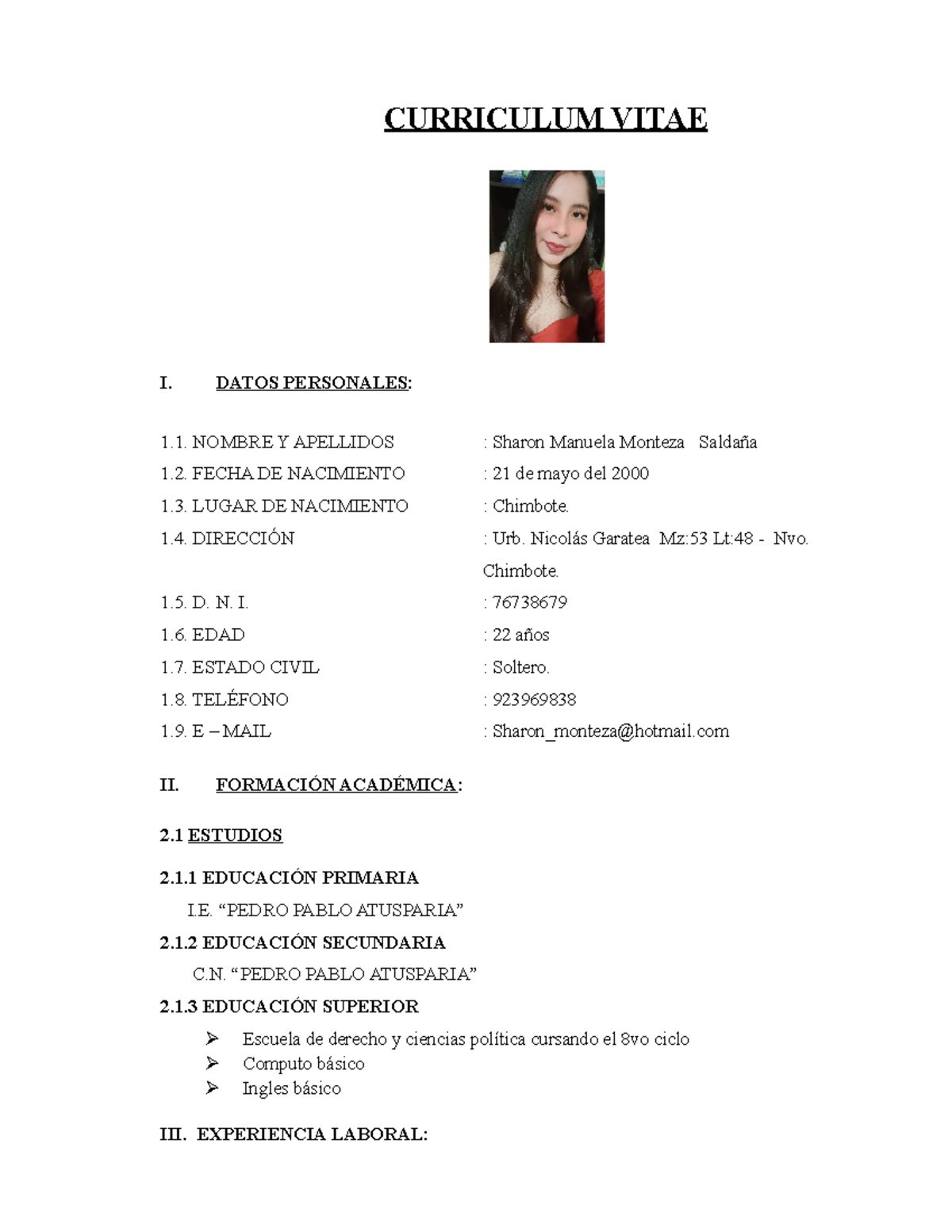 Cv sharon - gracias - CURRICULUM VITAE I. DATOS PERSONALES: NOMBRE Y ...