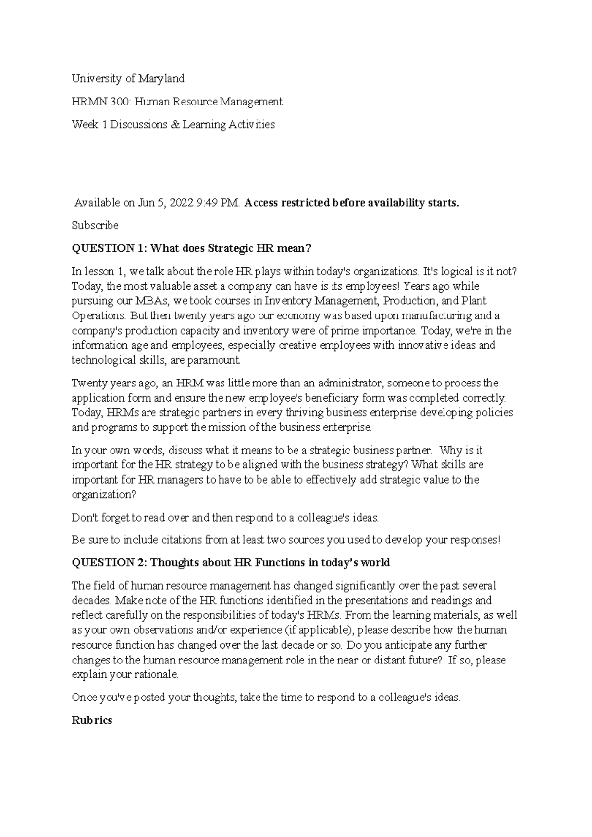 Week 1 Discussion - University of Maryland HRMN 300: Human Resource ...