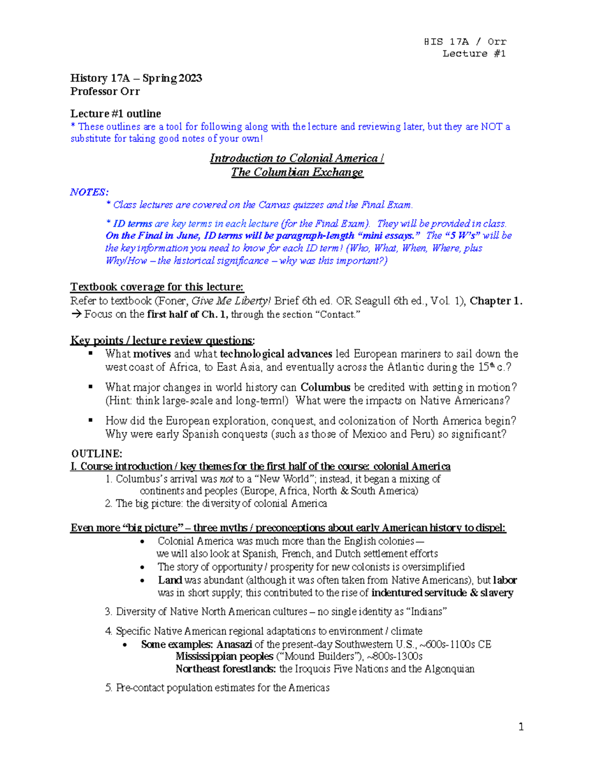 Lecture 1 - HIS 17A / Orr Lecture # 1 History 17A – Spring 2023 ...