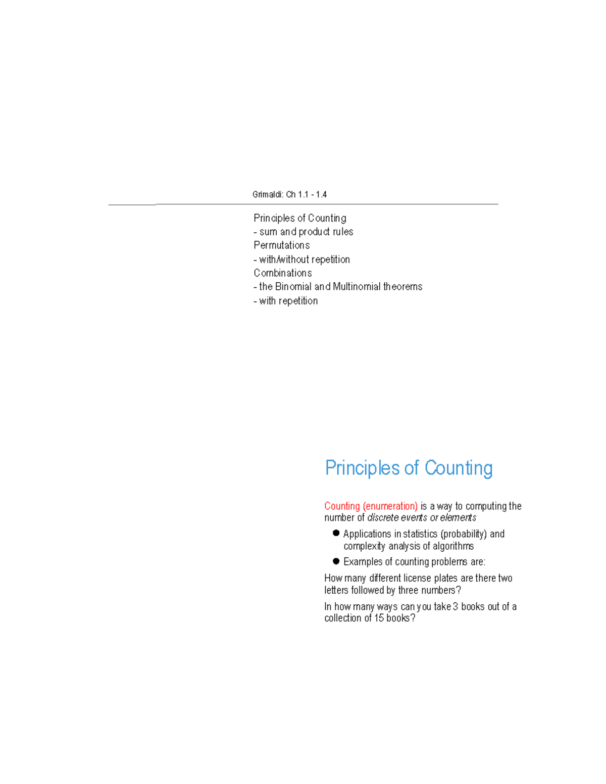 Topic 1-counting-bl - Principles of Counting sum and product rules Permutations with/without ...