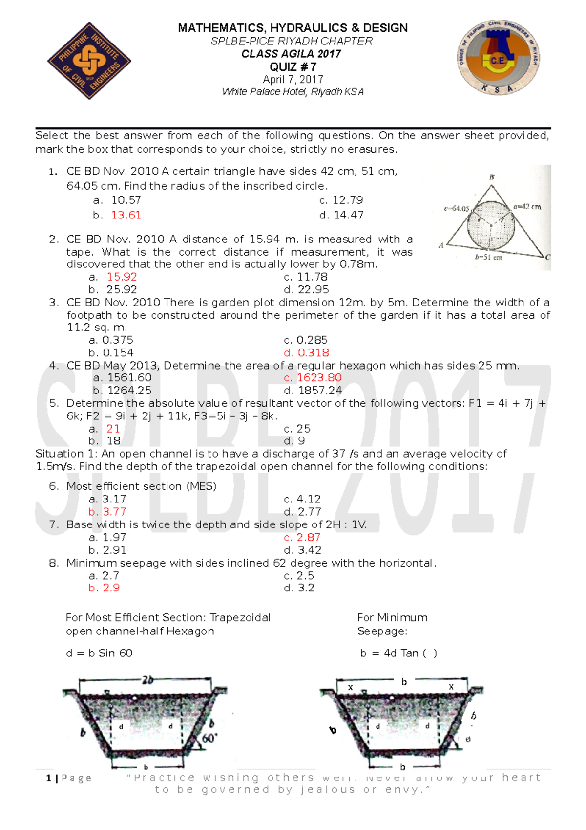 QUIZ#7 Splbe-2017 - For CE Board Exam. - MATHEMATICS, HYDRAULICS ...