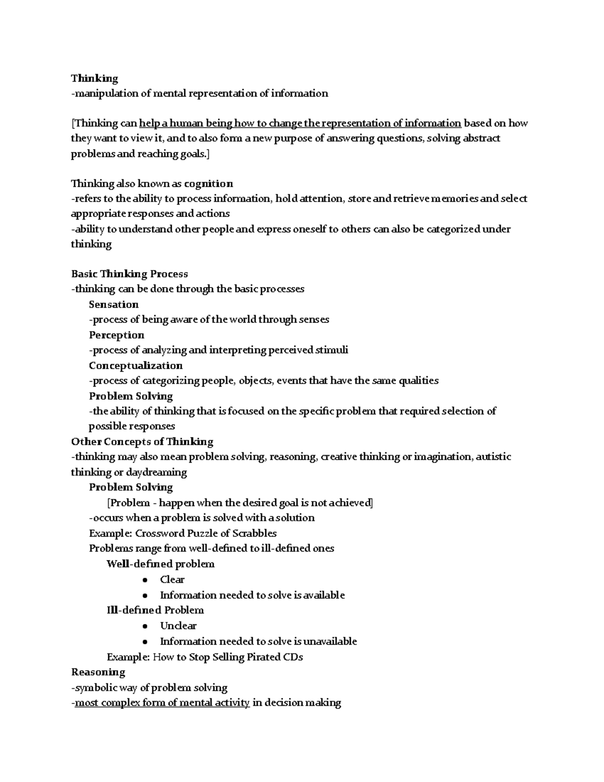 ITP M2 - Psychology of Thinking - Thinking -manipulation of mental ...