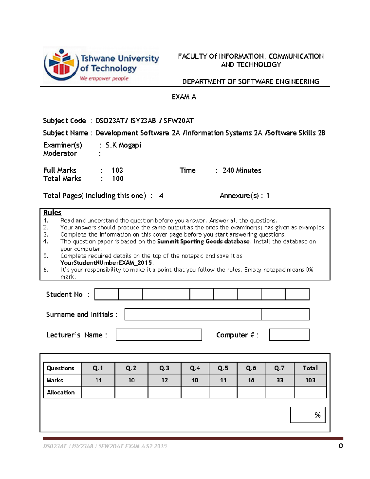 DSO23AT Exam 2015 S2 - Exam paper - FACULTY Of INFORMATION ...