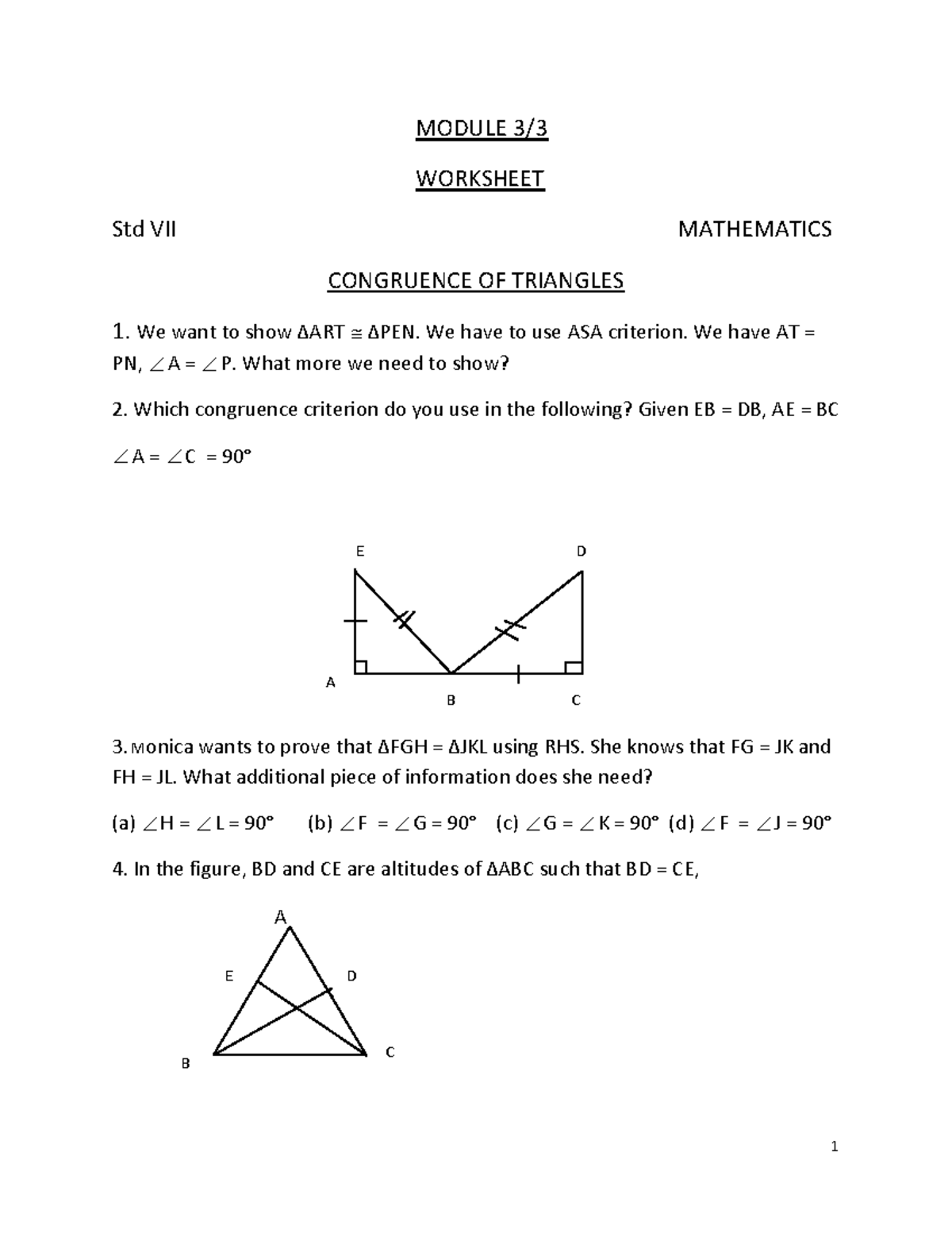 Congruence OF Triangles Worksheet - MODULE 3/ WORKSHEET Std VII ...