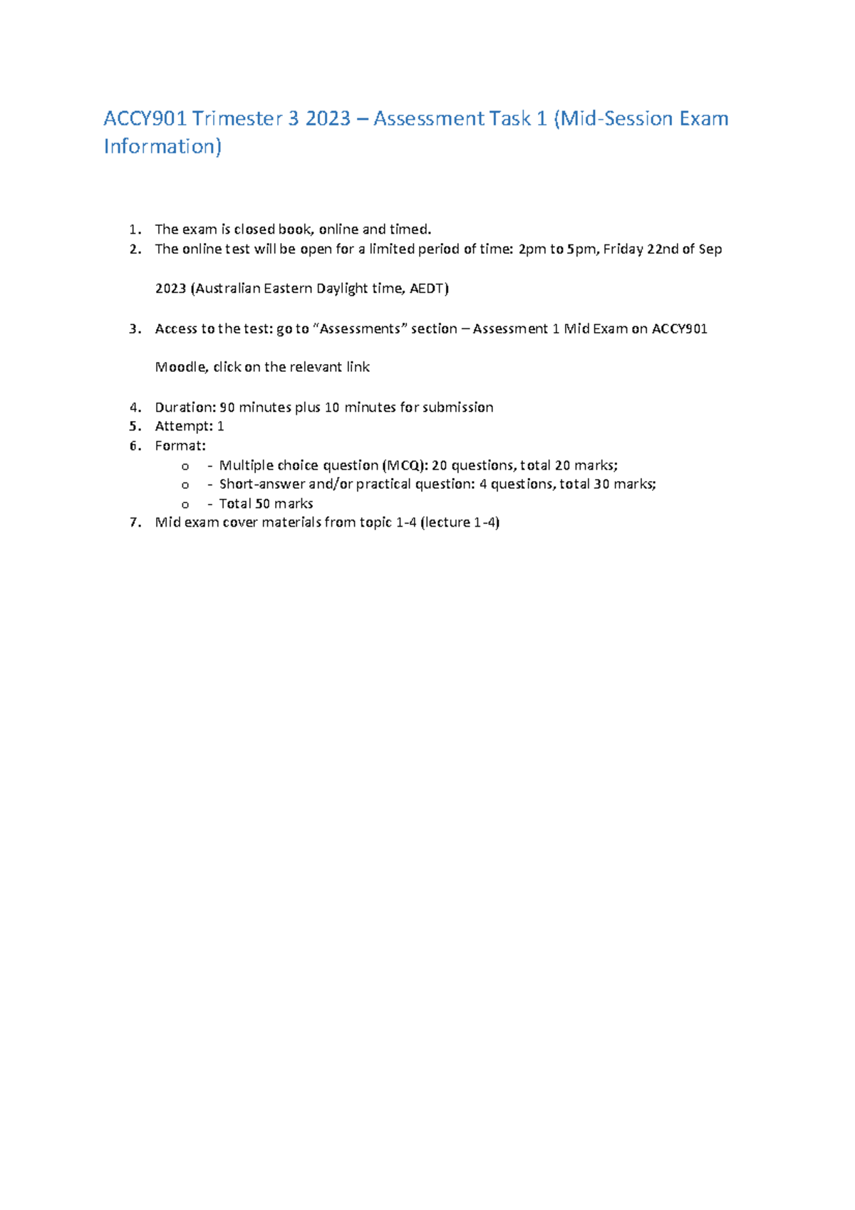 ACCY901 Trimester 3 2023 Exam Information - ACCY901 Trimester 3 2023 – Assessment Task 1 - Studocu
