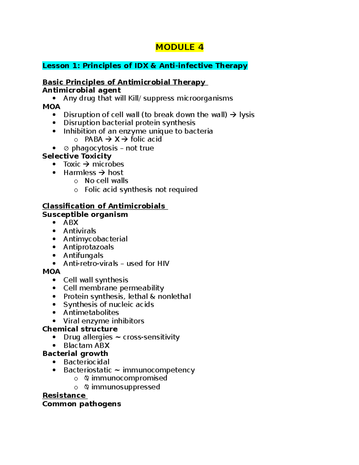 MODULE 4- Patho 1 - MODULE 4 Lesson 1: Principles of IDX & Anti ...