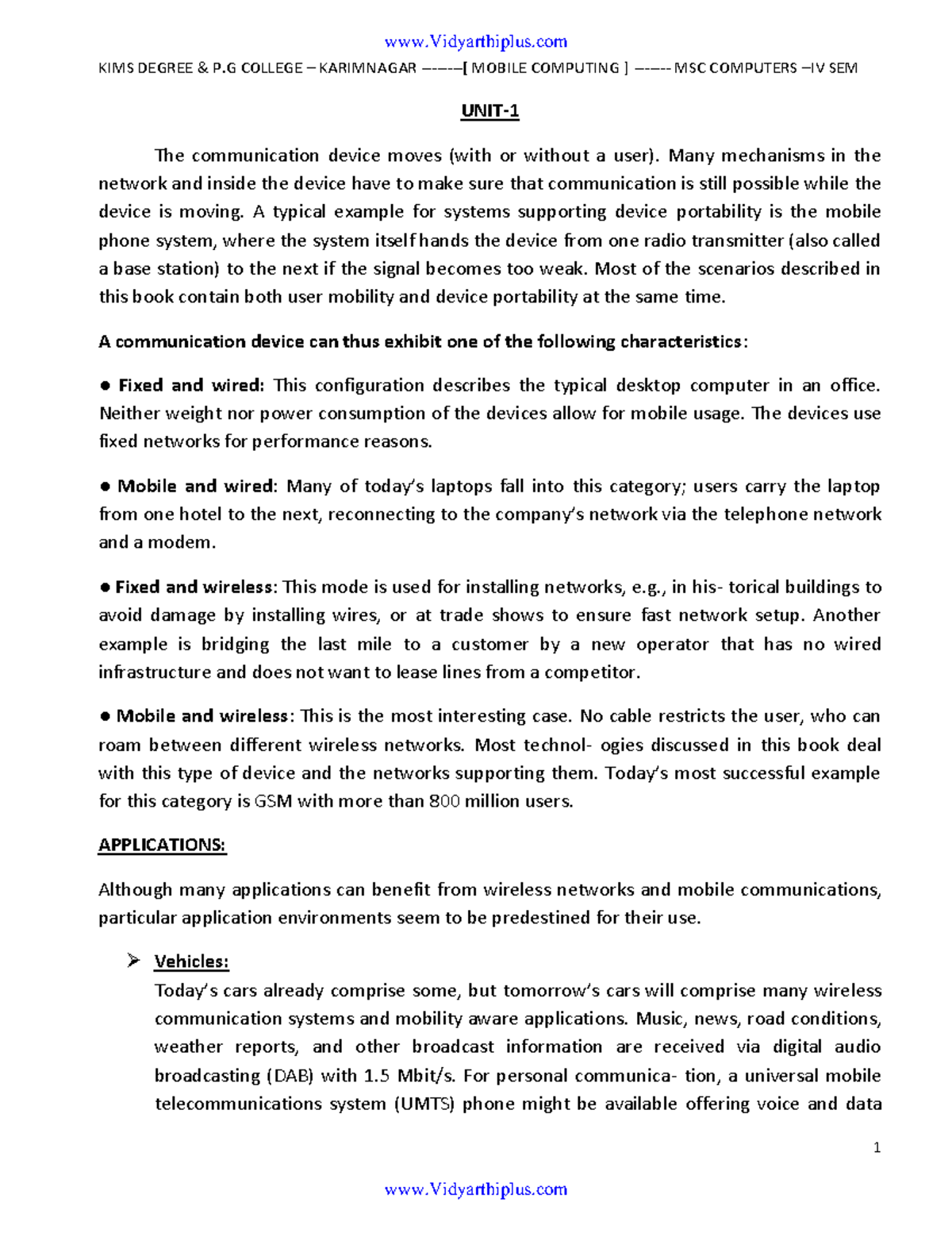 Mobile computing final - KIMS DEGREE & P COLLEGE – KARIMNAGAR -[ MOBILE COMPUTING ] - MSC - Studocu