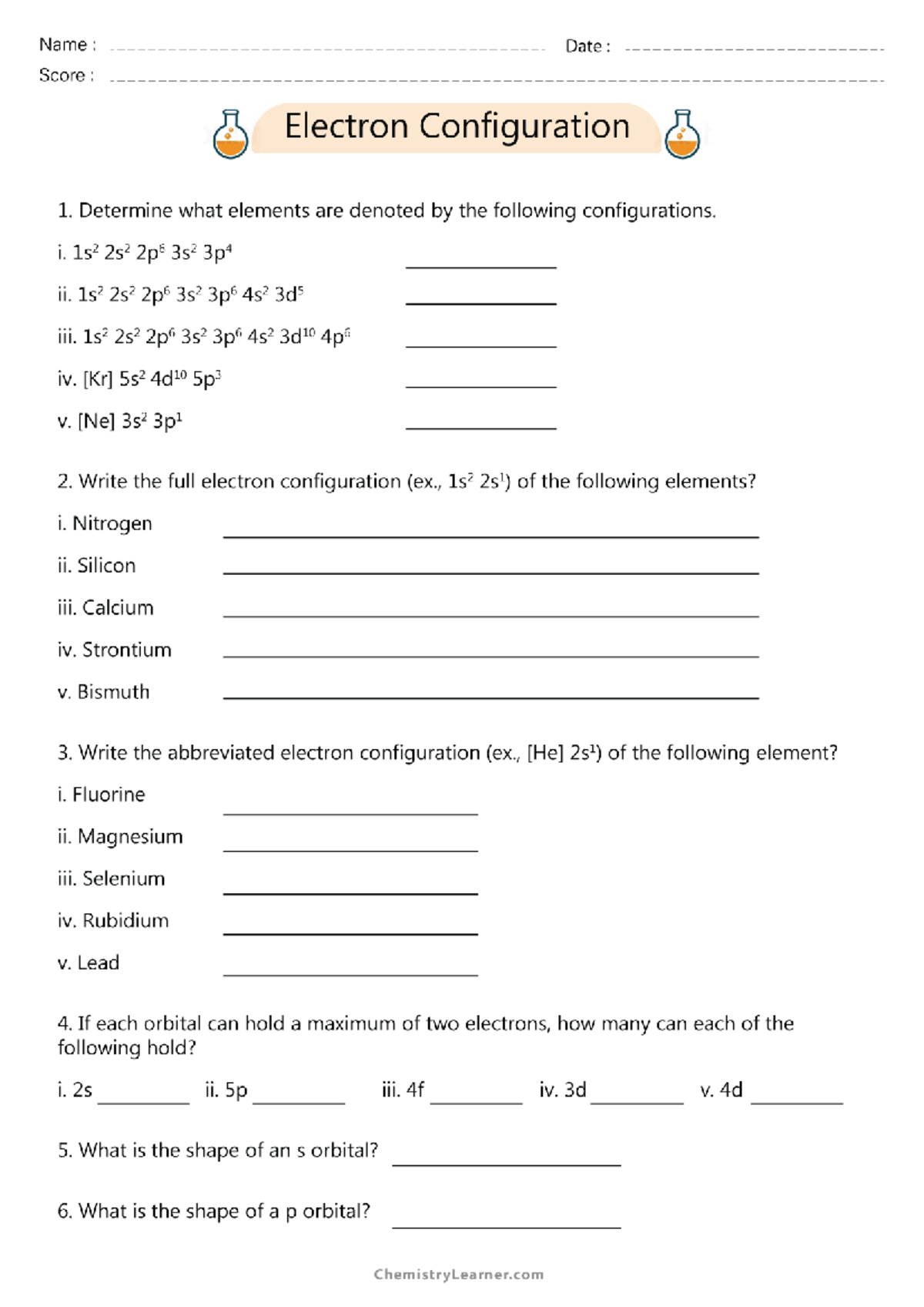 Atomic Structure Electron Configuration Worksheet - Name : Date : Score ...