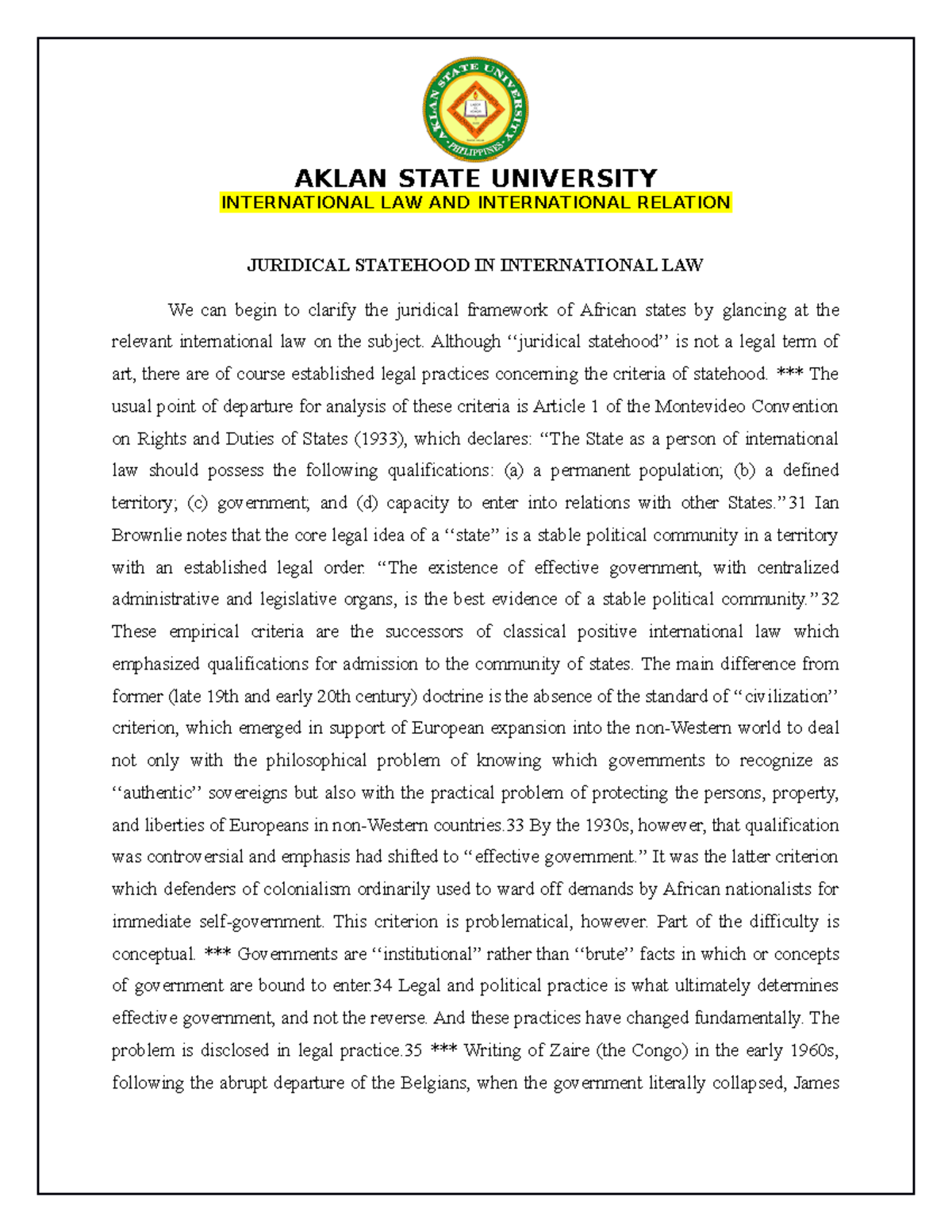 Juridical Statehood IN International LAW - AKLAN STATE UNIVERSITY ...