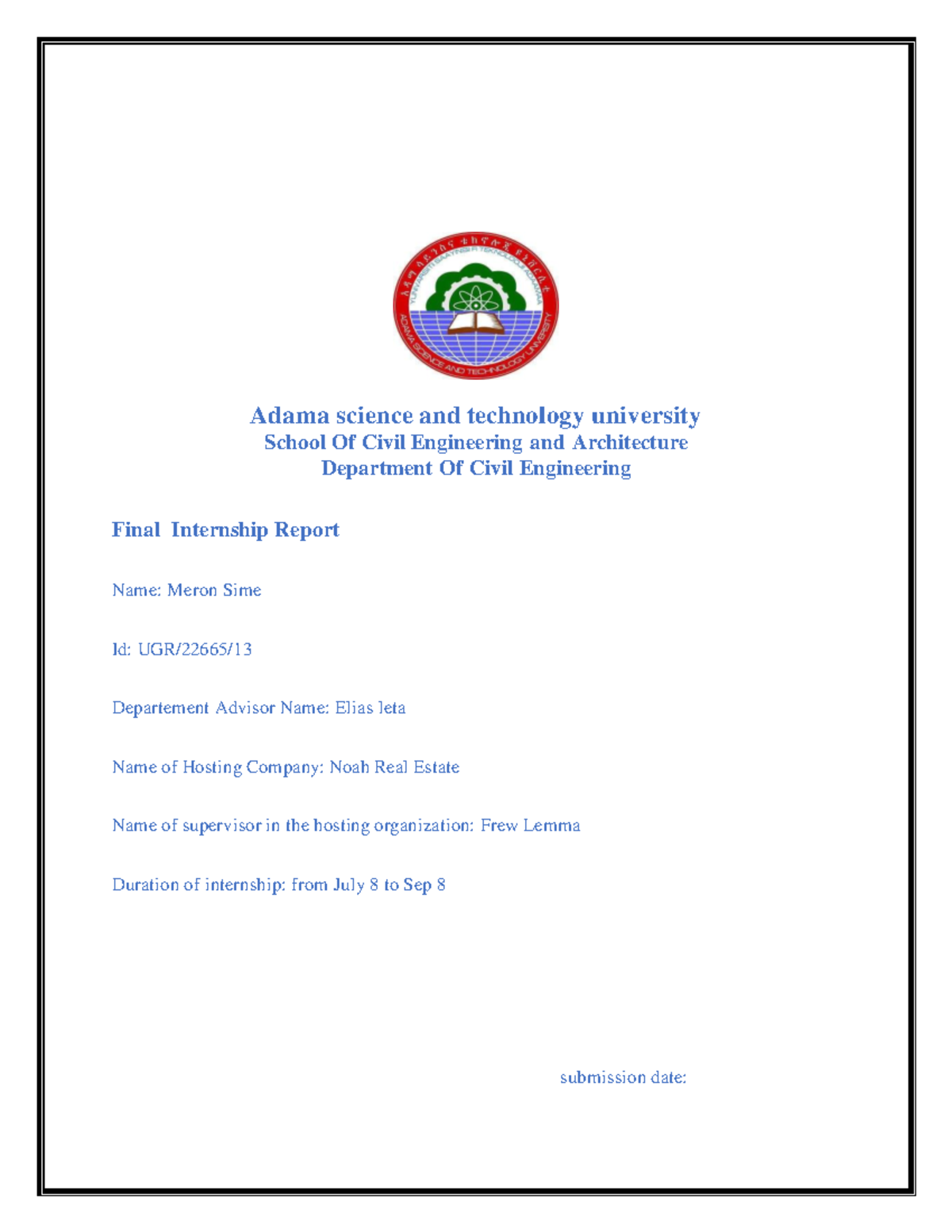 Final internship report - Adama science and technology university School Of Civil Engineering ...