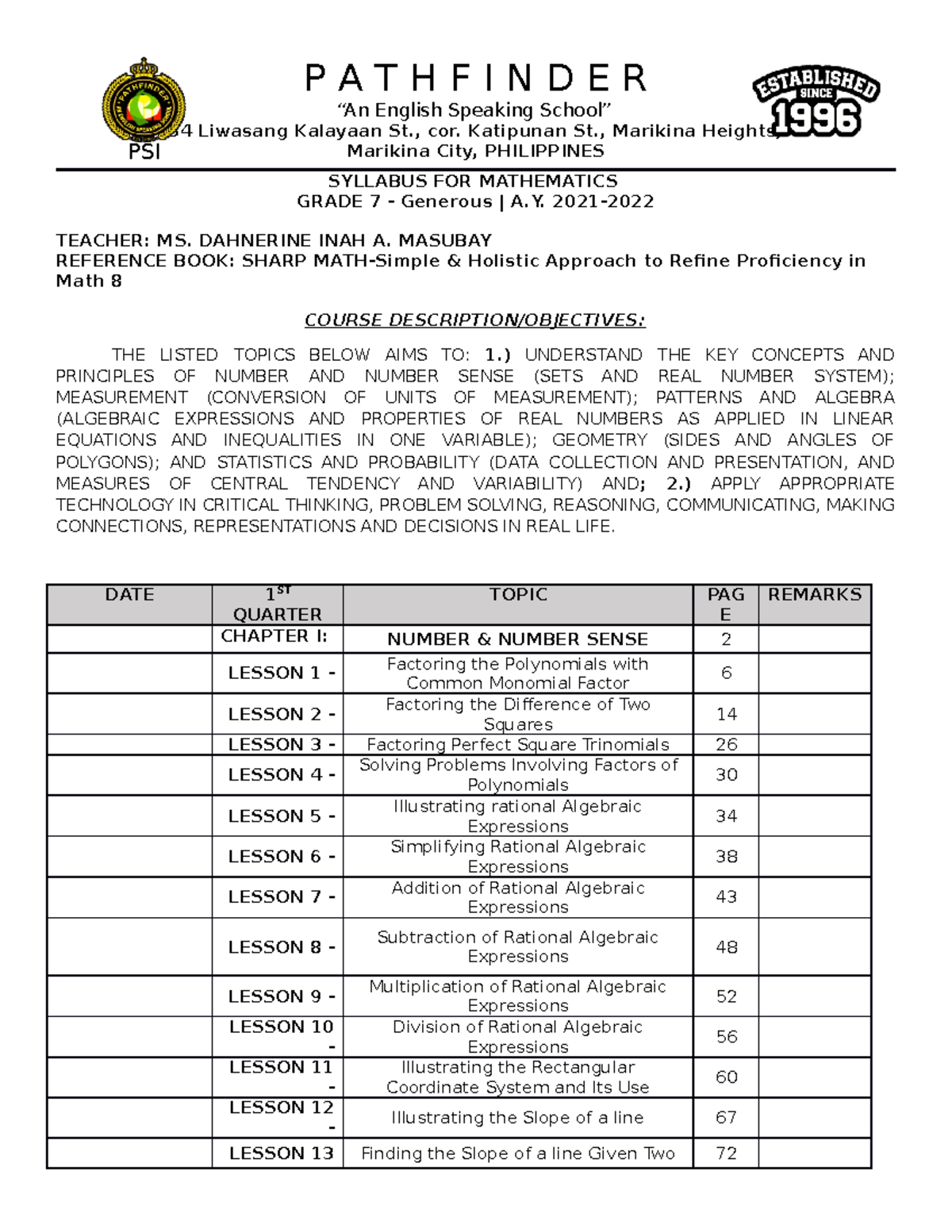 Syllabus FOR Grade 7 P A T H F I N D E R An English Speaking School