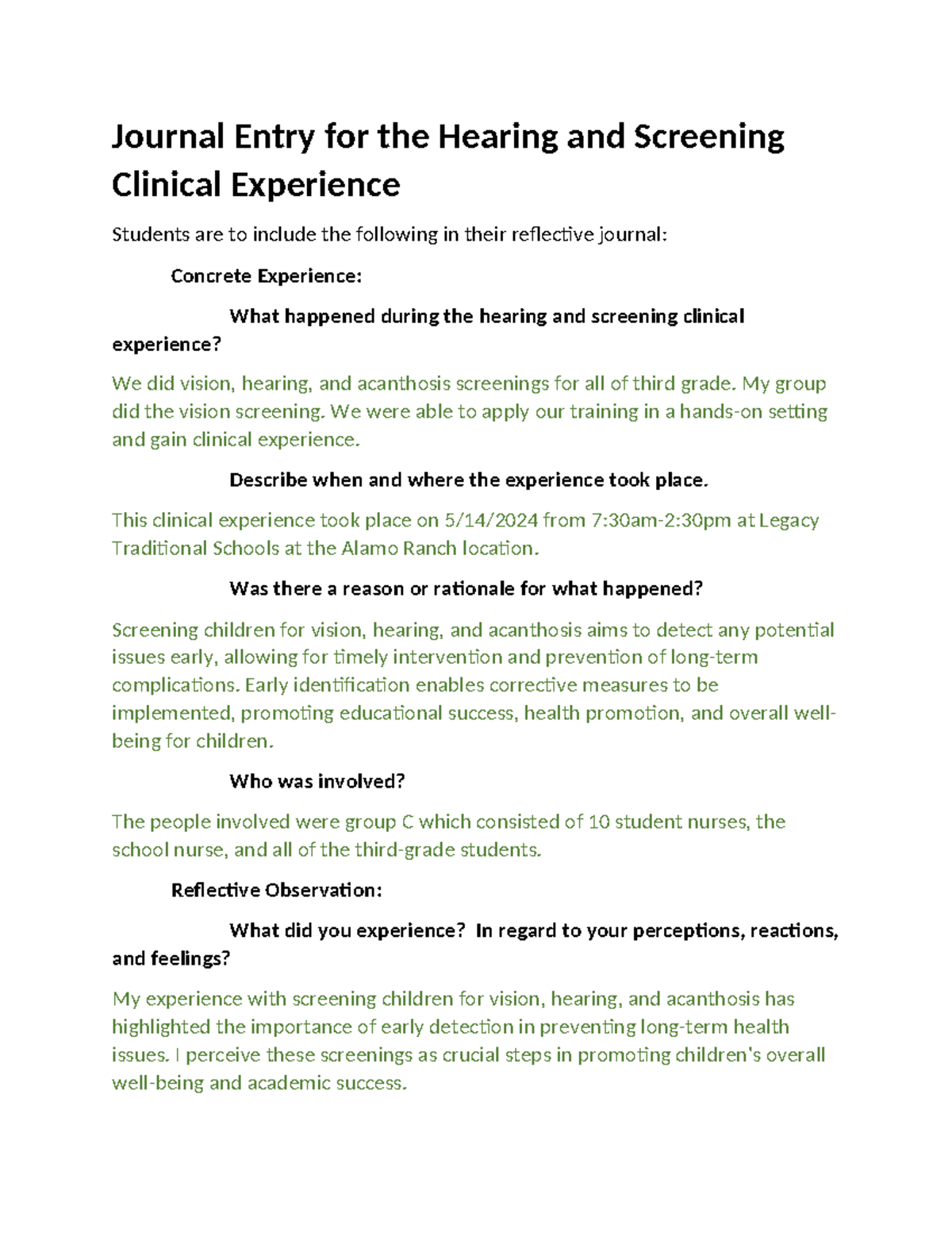 Journal Entry Hearing and Vision Screening - Journal Entry for the ...