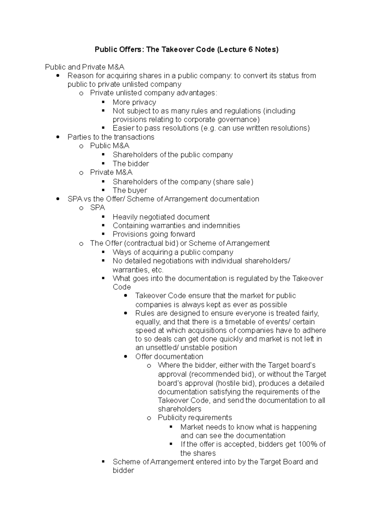 Lecture 6 Notes - Public Offers: The Takeover Code (Lecture 6 Notes ...