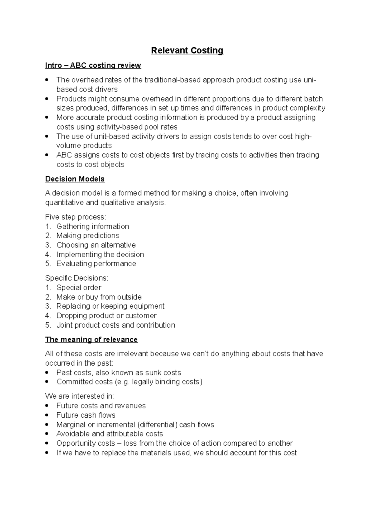 6. Relevant Costing - Lecture notes 1 - Relevant Costing Intro – ABC ...