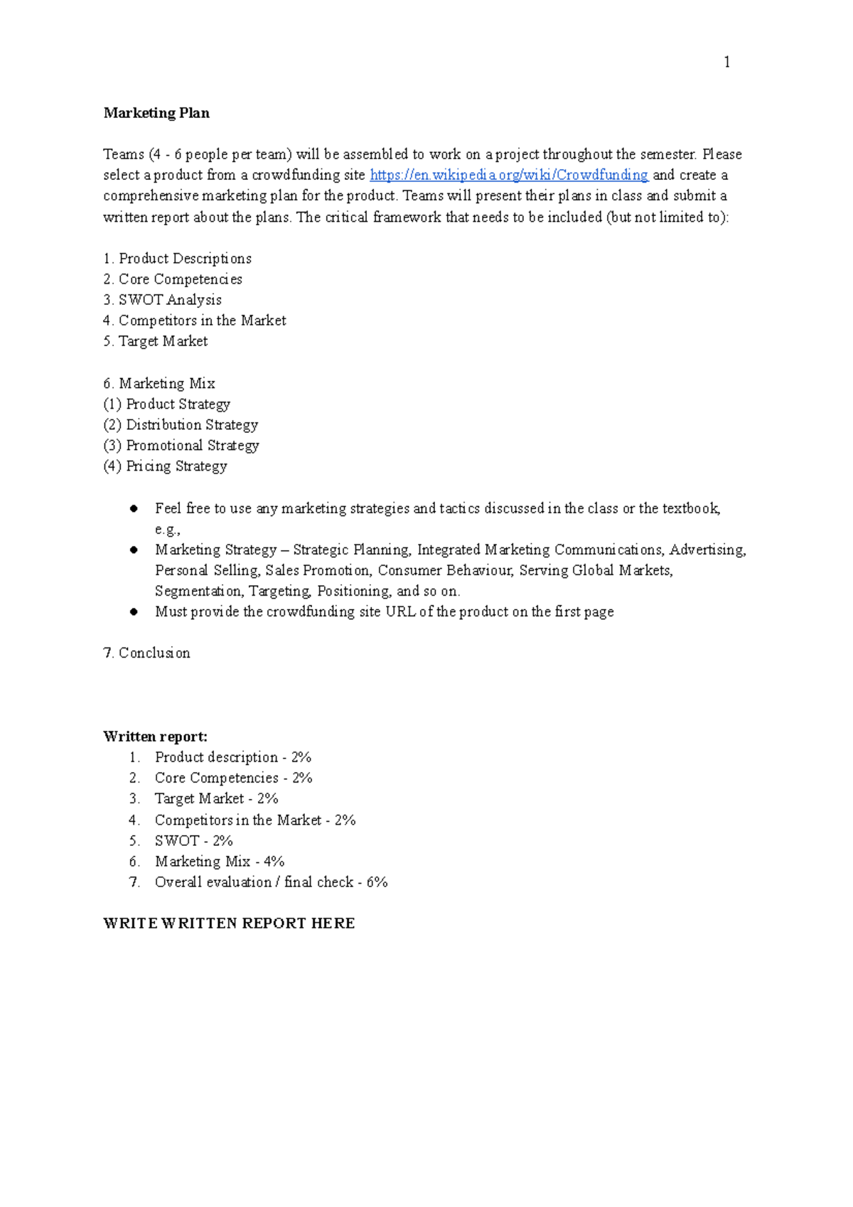 Marketing Project Outline - 1 Marketing Plan Teams (4 - 6 people per ...