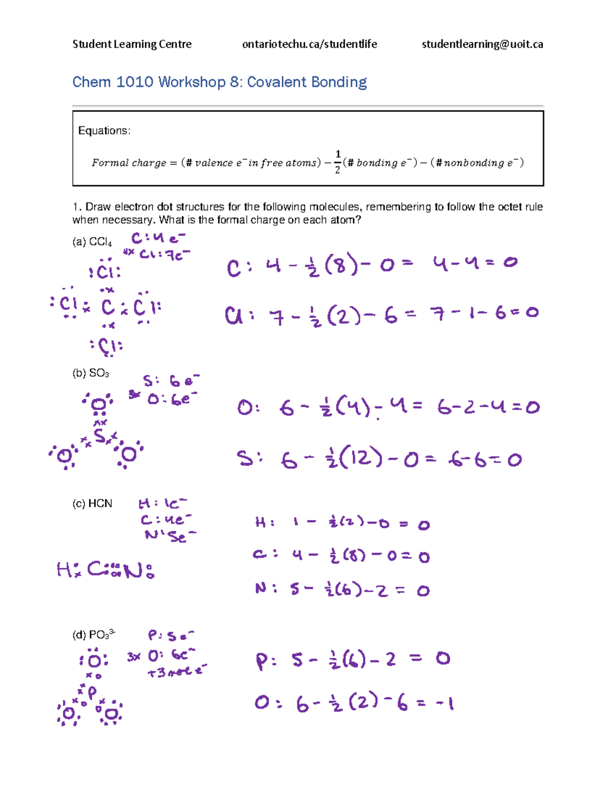 WS 8 solutions - Chem 1010 Workshop 8: Covalent Bonding Equations ...