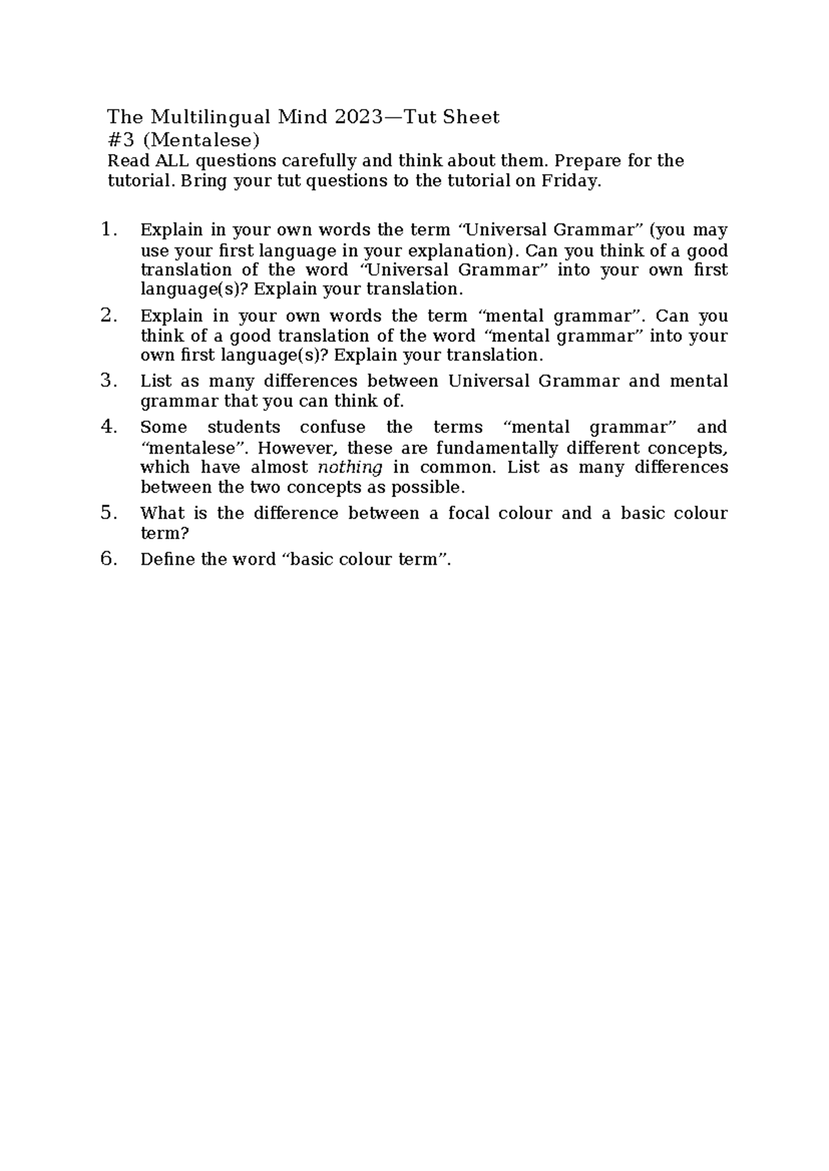 Tutorial Questions-3 - None - The Multilingual Mind 2023—Tut Sheet #3 ...