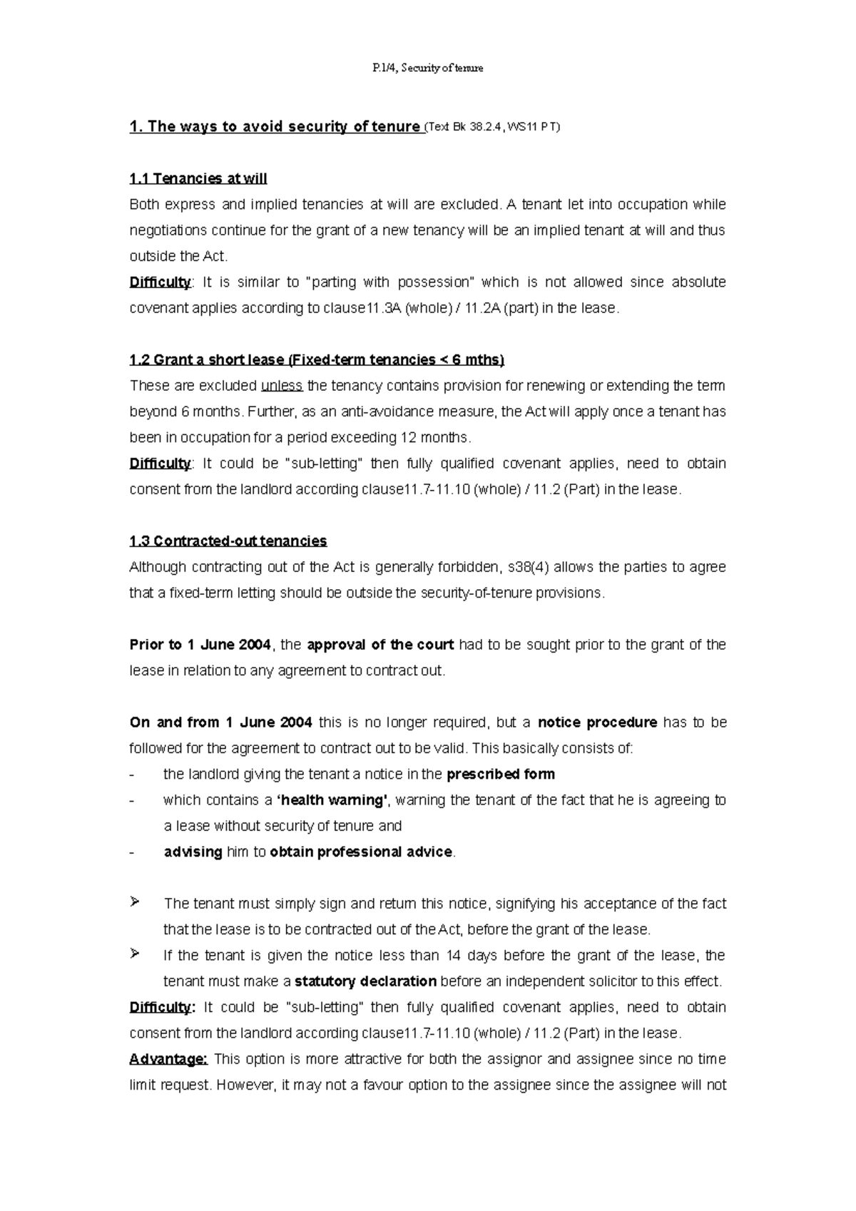 Securityoftenure - LPC Notes - Security of tenure 1. The ways to avoid ...