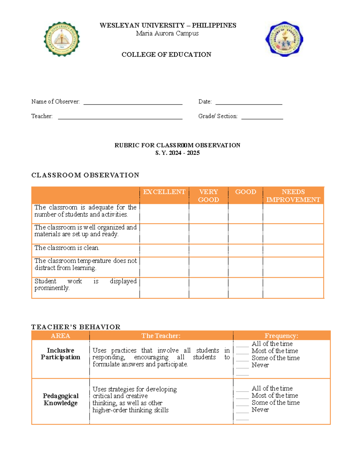 Classroom Observation Forms 2024 2025 - WESLEYAN UNIVERSITY ...