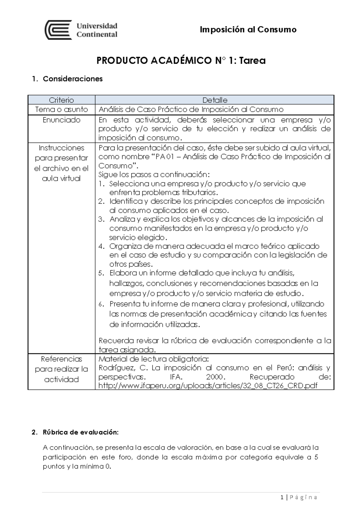 Producto Académico 01- IMP Consumo - PRODUCTO ACADÉMICO N° 1: Tarea 1. Consideraciones 2 ...