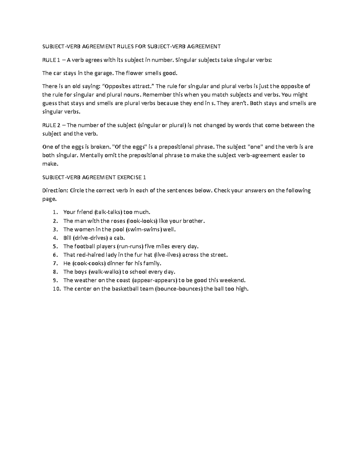 Subject verb agreement i - SUBJECT-VERB AGREEMENT RULES FOR SUBJECT ...