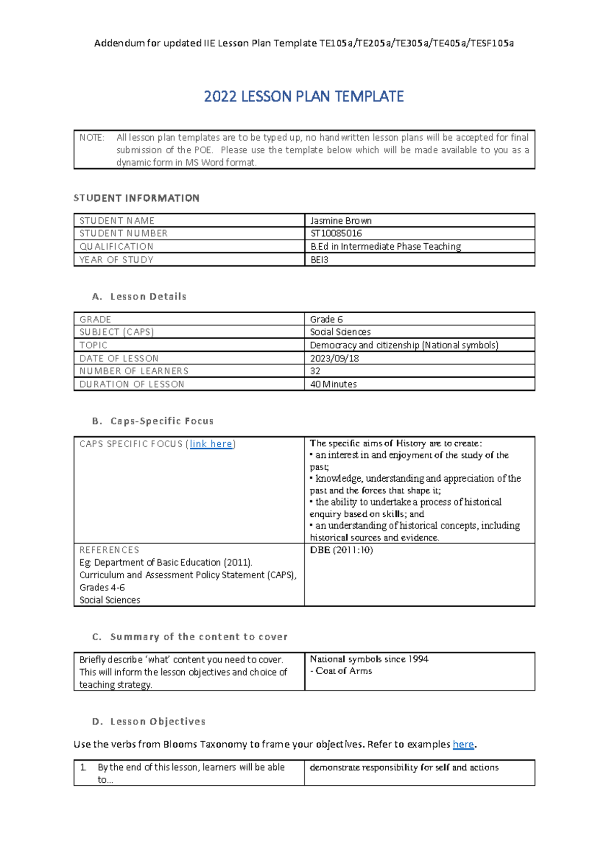 Social Sciences Lesson Plan - 2022 LESSON PLAN TEMPLATE NOTE: All ...