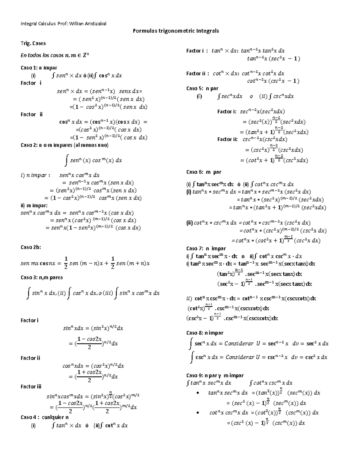 Formulas Trig Integral Casesf - Integral Calculus Prof: Willian ...