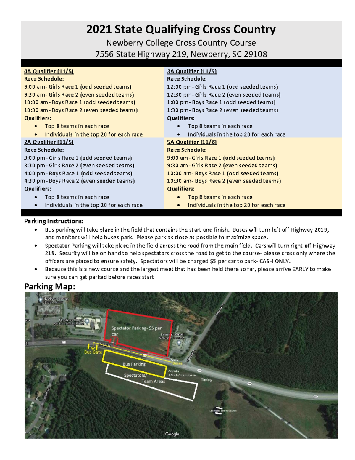 Qualifying cross country parking details - 2021 State Qualifying Cross Country Newberry College ...