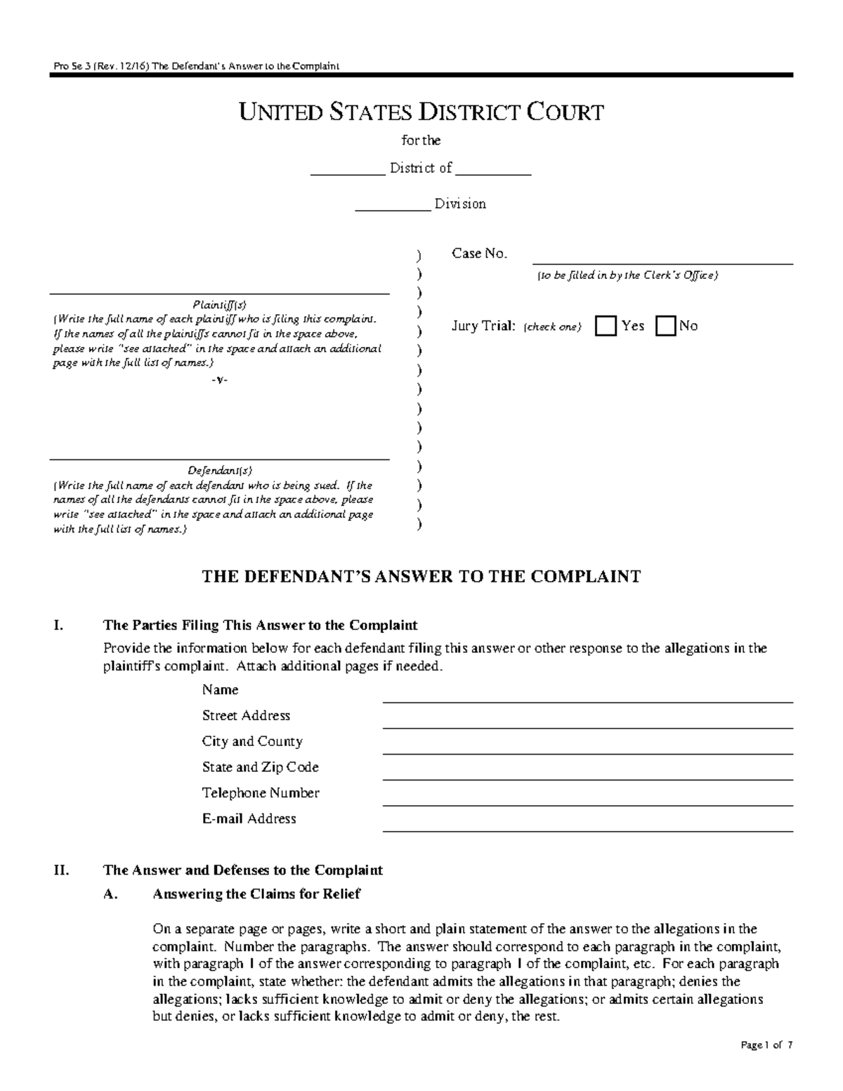 The defendants answer to the complaint - UNITED STATES DISTRICT COURT ...