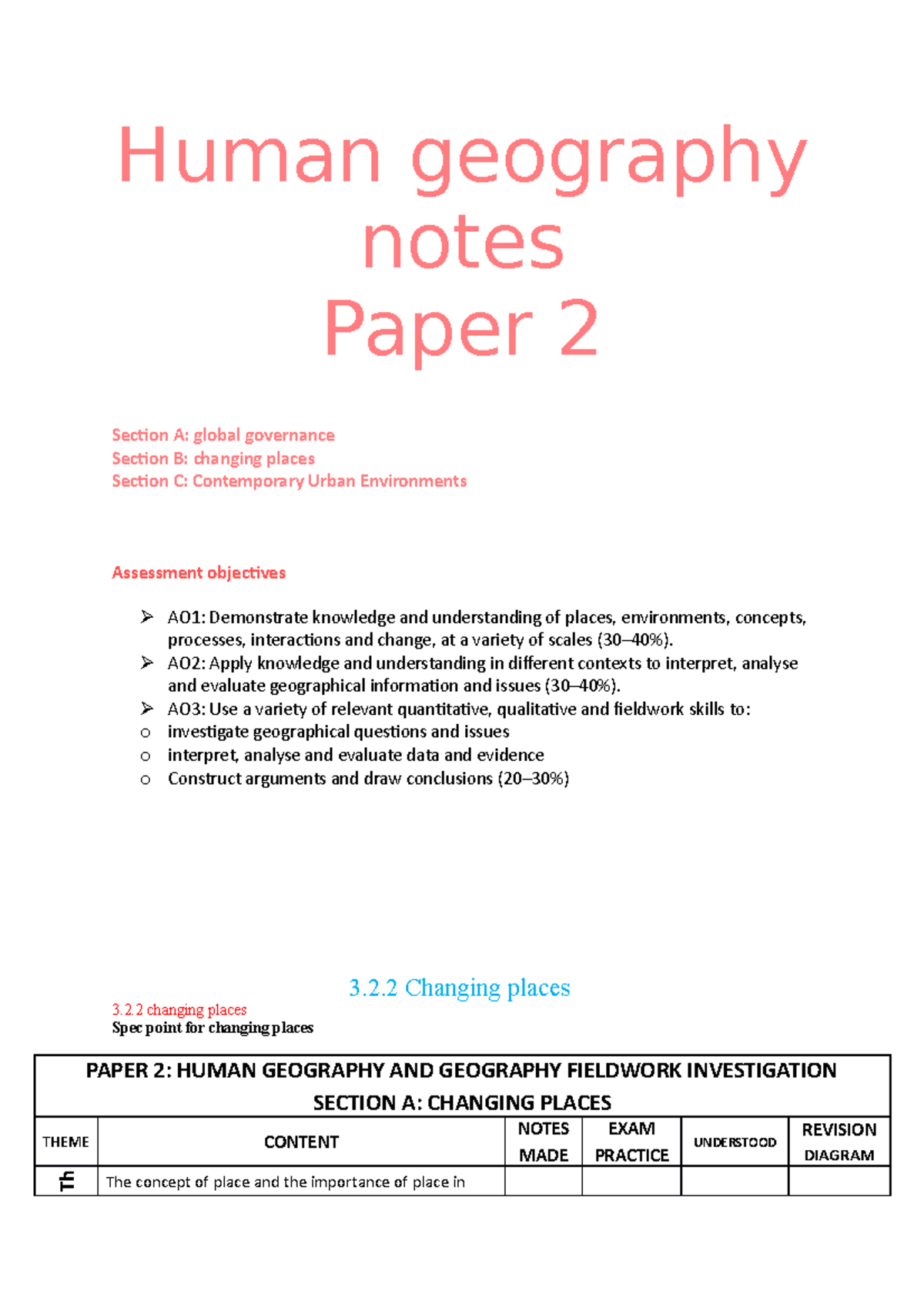 Human geography notes - Human geography notes Paper 2 Section A: global ...