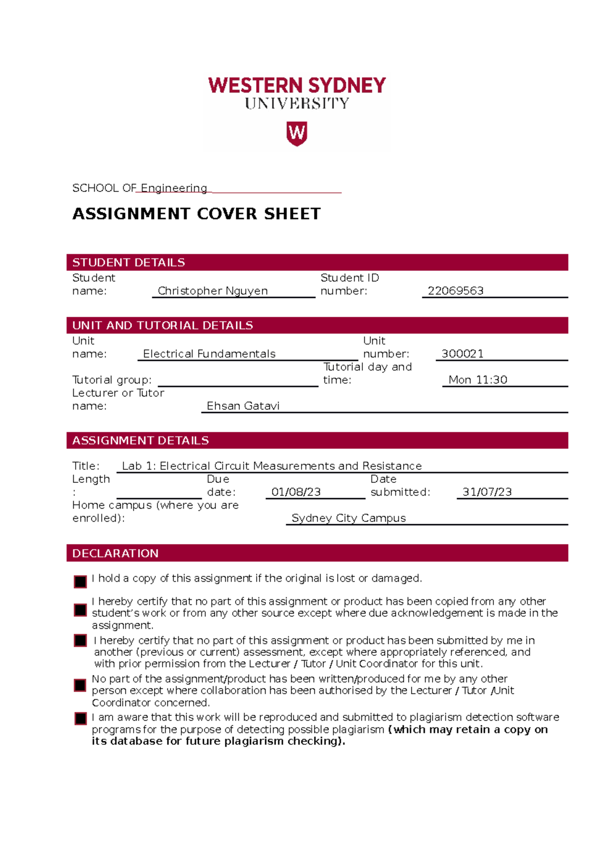 Electrical Fundamentals Lab 1 Christopher Nguyen 2023 - SCHOOL OF ...