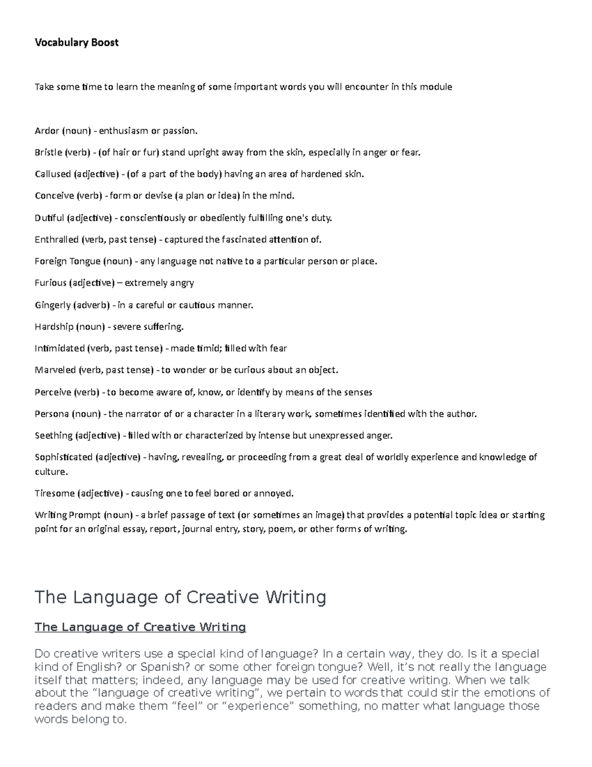 creative writing m2 - Vocabulary Boost Take some time to learn the ...