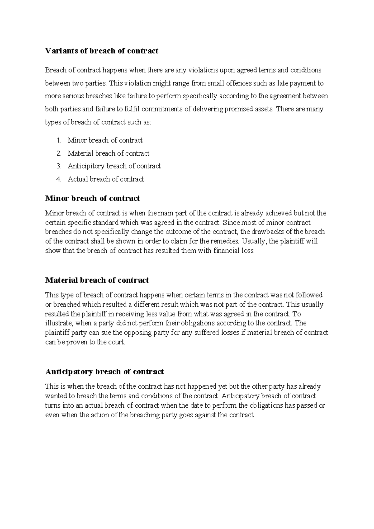 Variants of breach of contract - Variants of breach of contract Breach ...
