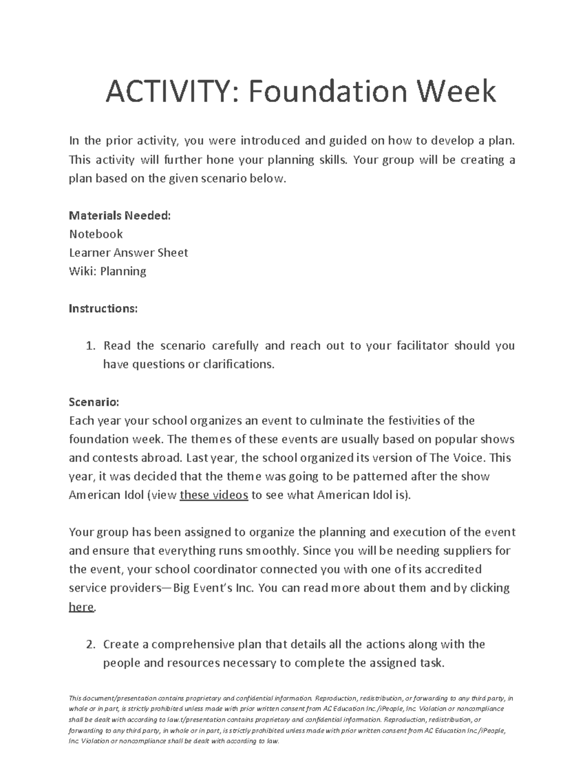 Activity Foundation Week - ACTIVITY: Foundation Week In the prior ...