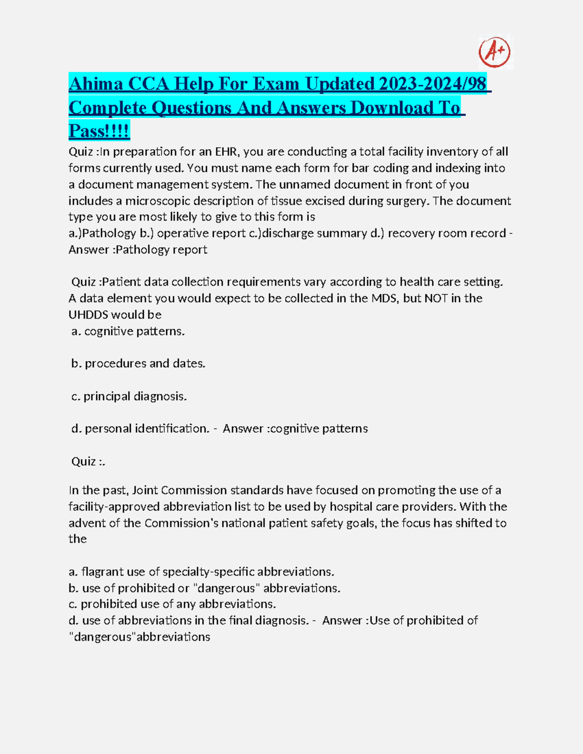 Ahima CCA Help For Exam Updated 2023 - You must name each form for bar ...