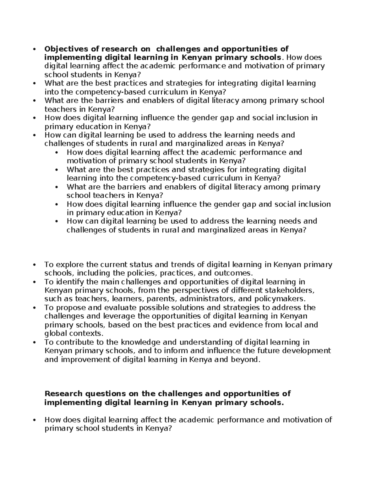 Objectives of research on challenges and opportunities of implementing digital learning in ...