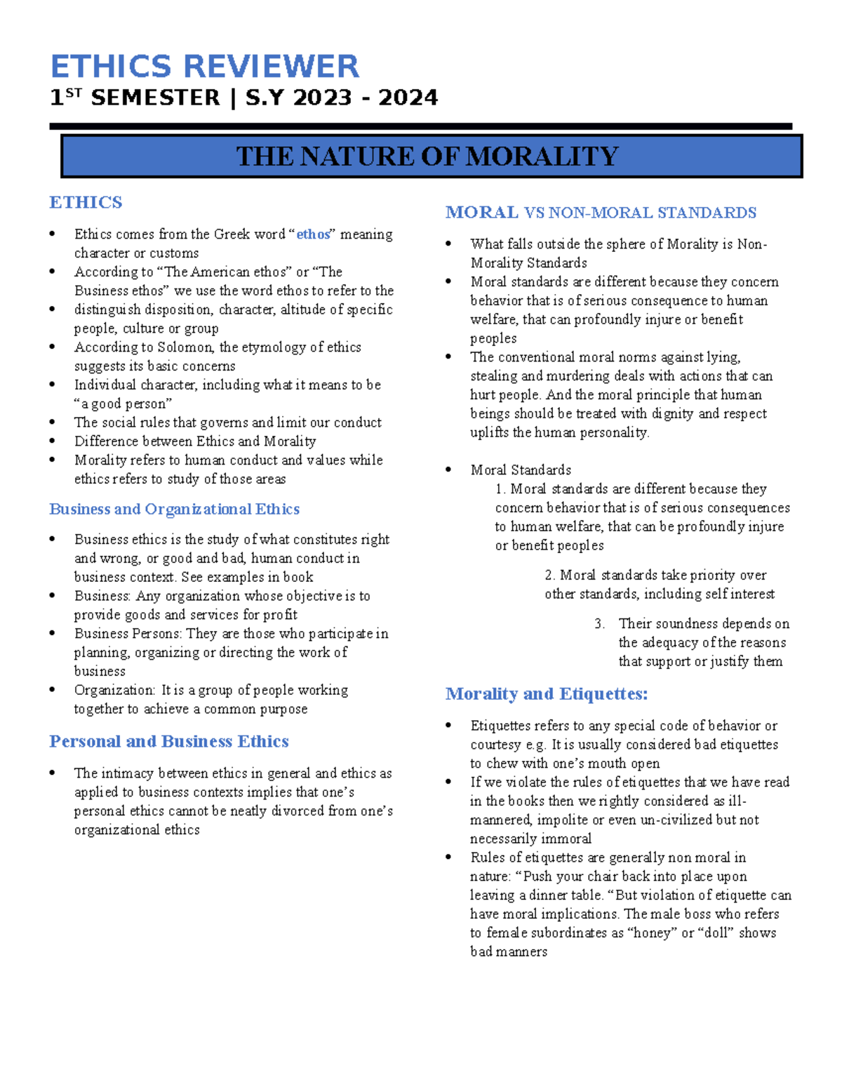 Ethics- Reviewer - 1st year - 1st sem - 1 ST SEMESTER | S 2023 - 2024 ...