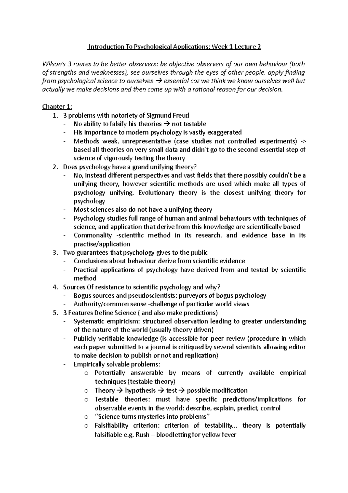 1021 Copy Lecture Notes Introduction To Psychological Applications Week 1 Lecture 2 Wilson