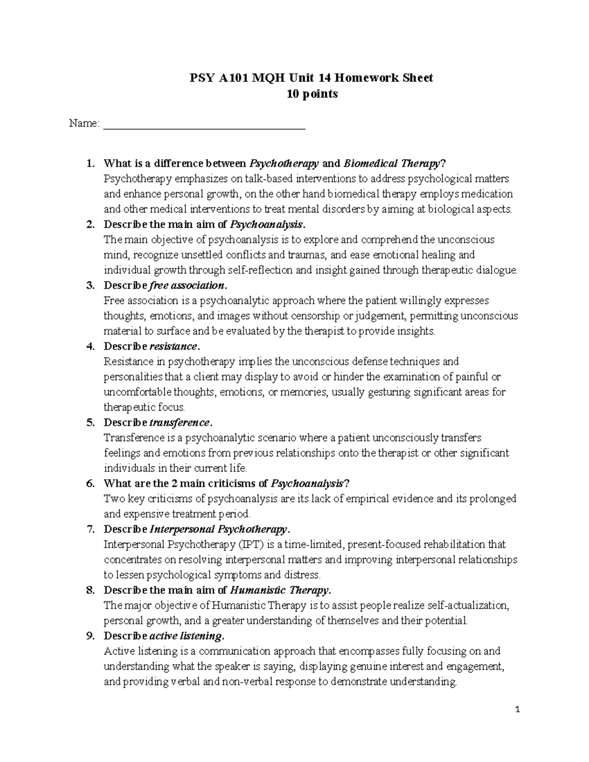 1018294 Part 2 - assignment - PSY A101 MQH Unit 14 Homework Sheet 10 ...