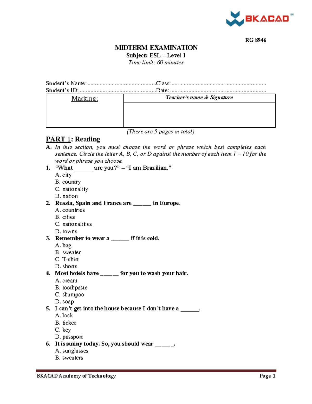 RG-9846 - test - RG 8946 MIDTERM EXAMINATION Subject: ESL – Level 1 ...