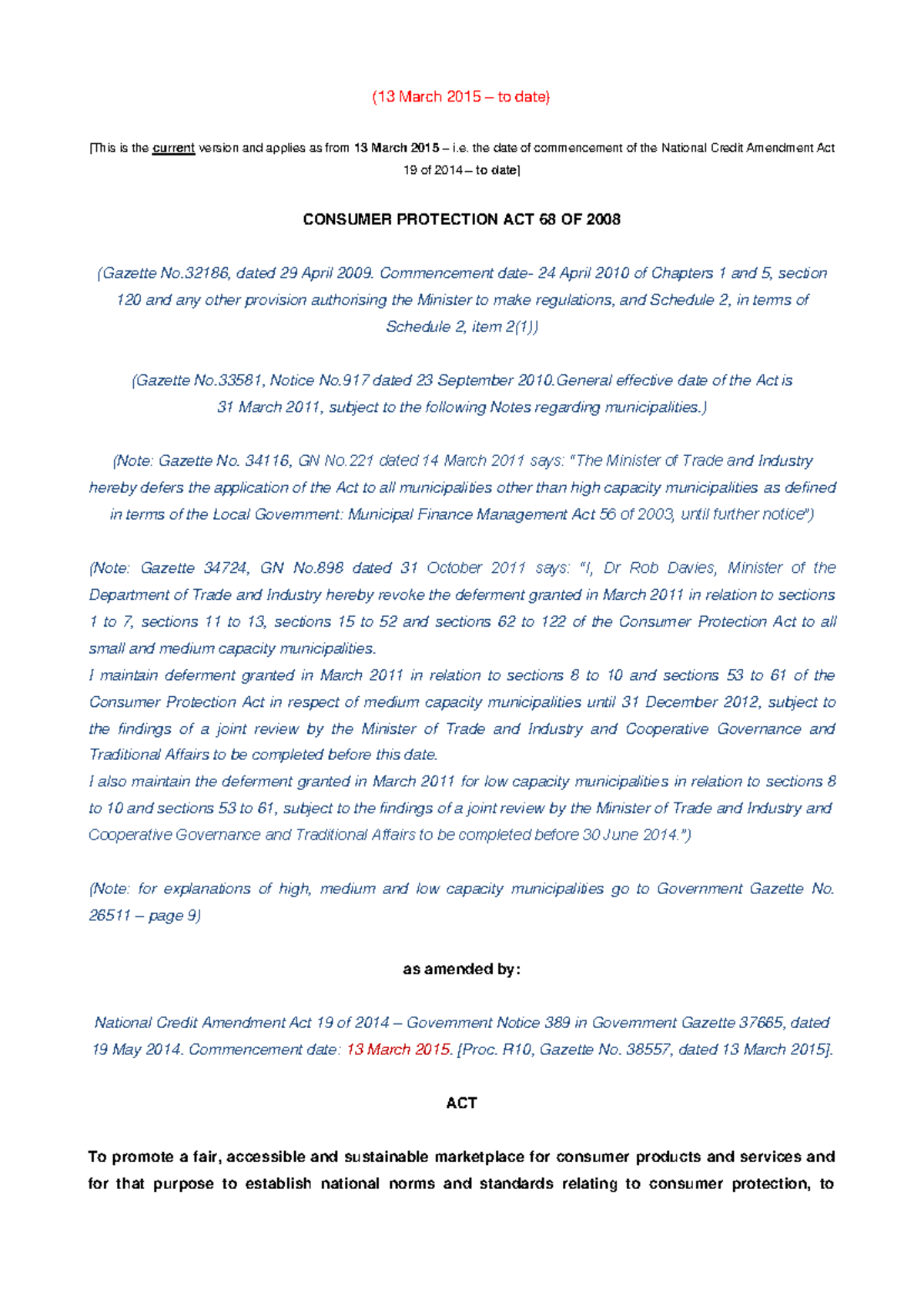 Consumer Protection Act no 68 of 2008 with amendment - (13 March 2015 ...