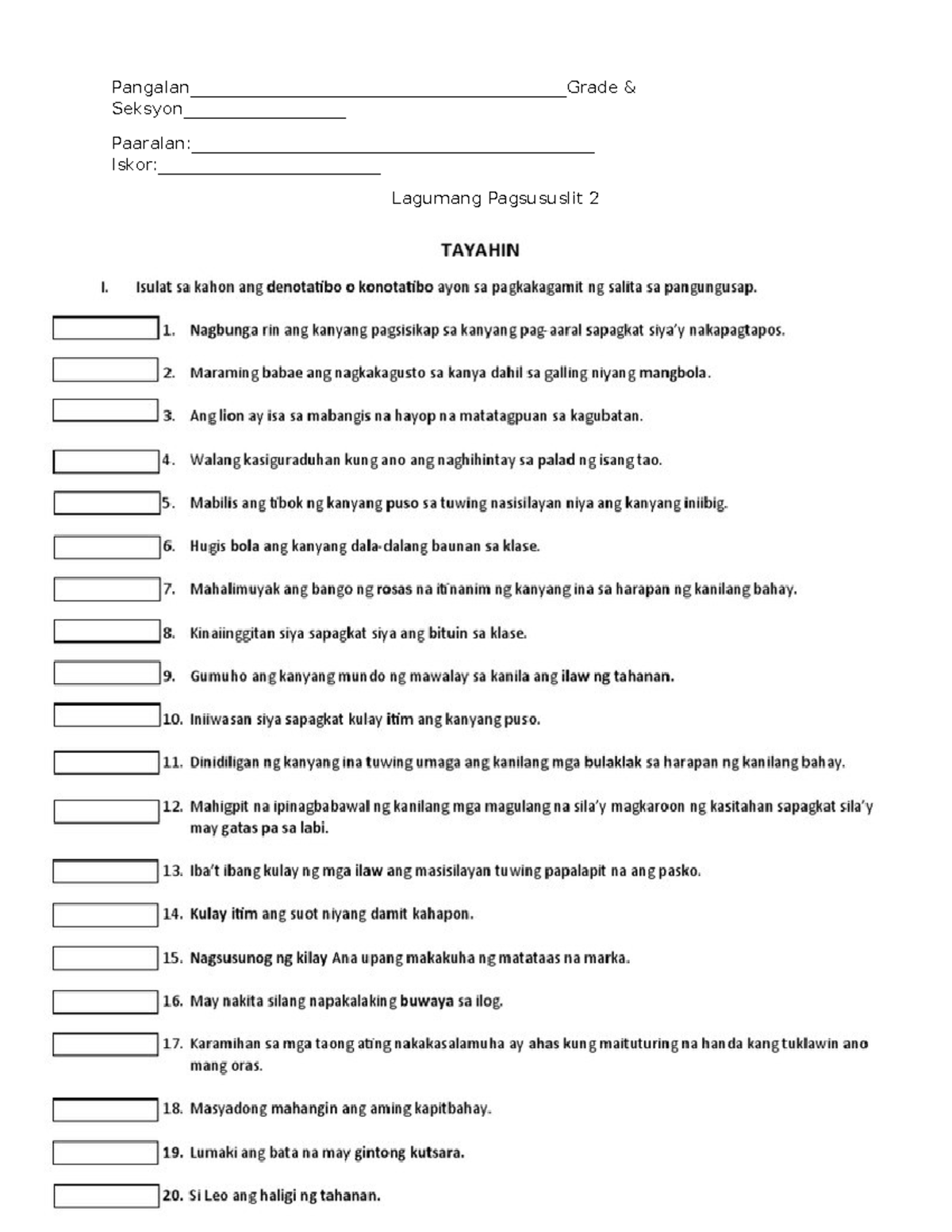 Konotatibo at denotatibo lagumang pagsusulit - Bsedfilipino - - Studocu