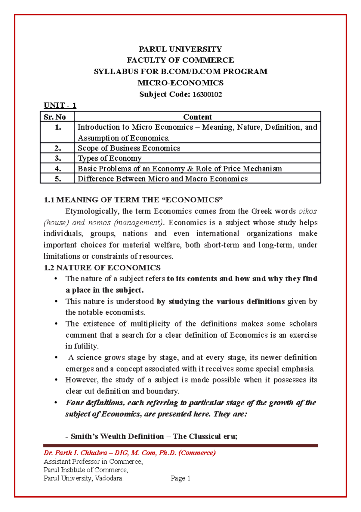 Unit 1 - Introduction TO Economics - PARUL UNIVERSITY FACULTY OF ...