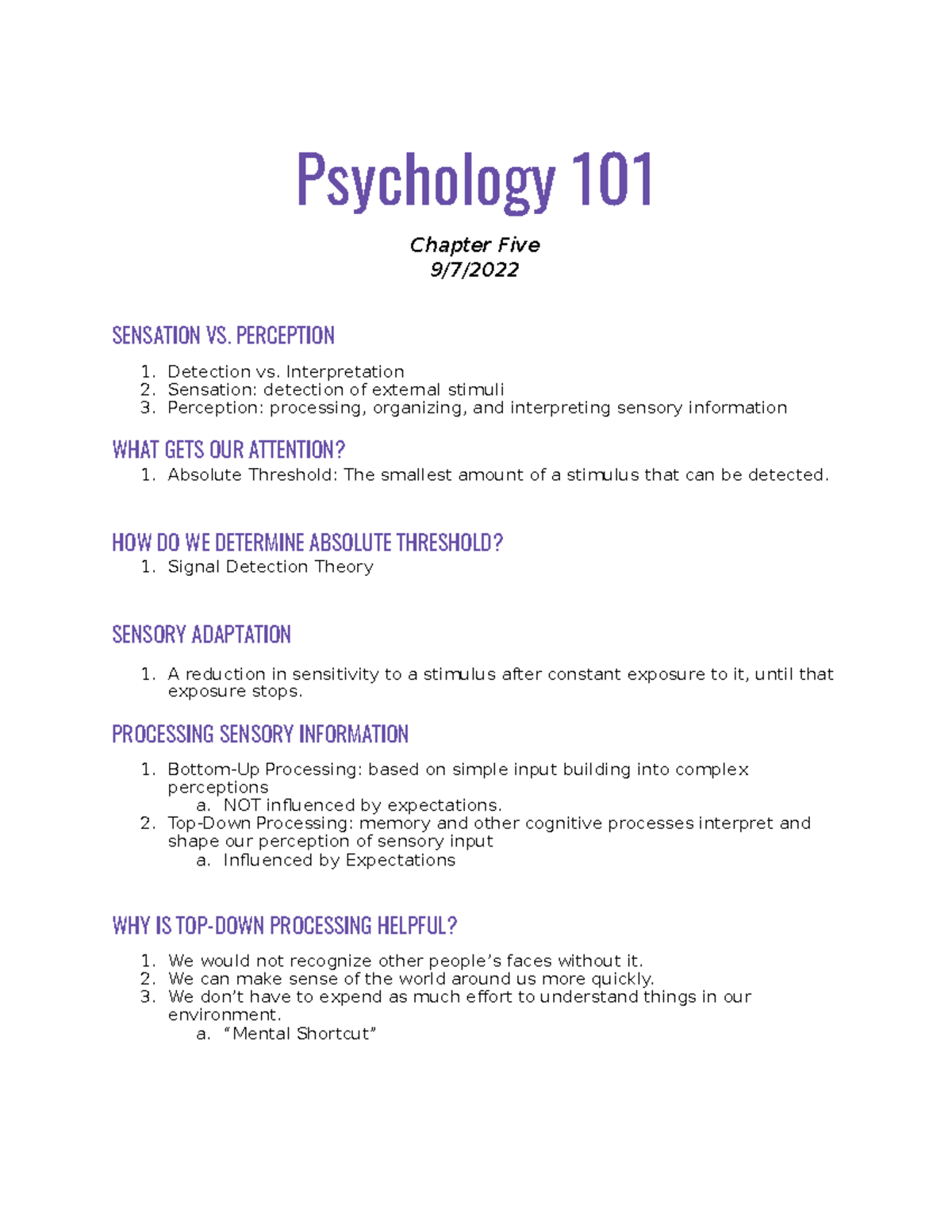 PY 101 - Chapter FIVE Notes - Psychology 101 Chapter Five 9/7 ...